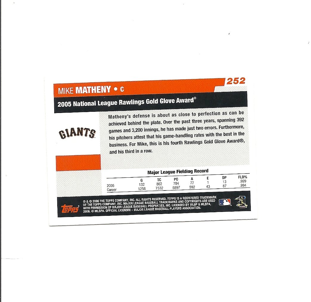 Mike Matheny 2006 Topps Rawlings Gold Glove Award Card #252 San ...