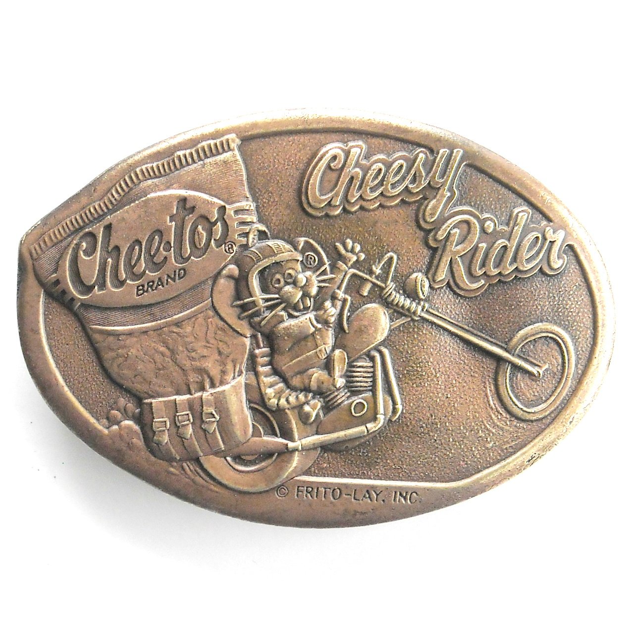 RARE Vintage Cheetos Cheesy Rider brass belt buckle