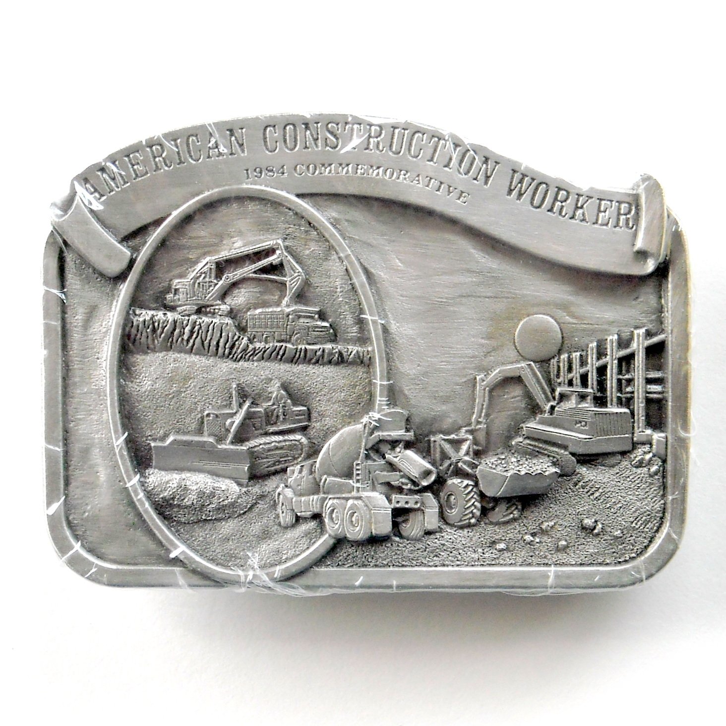 American Construction Worker 1984 3D Pewter alloy belt buckle
