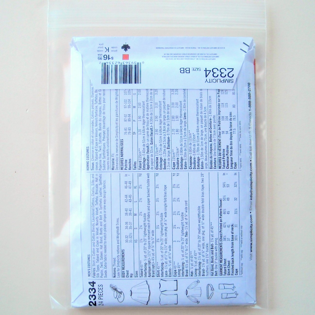 Musketeer Costume Cape Shirt Hat Belt L XL Simplicity Sewing Pattern 2334