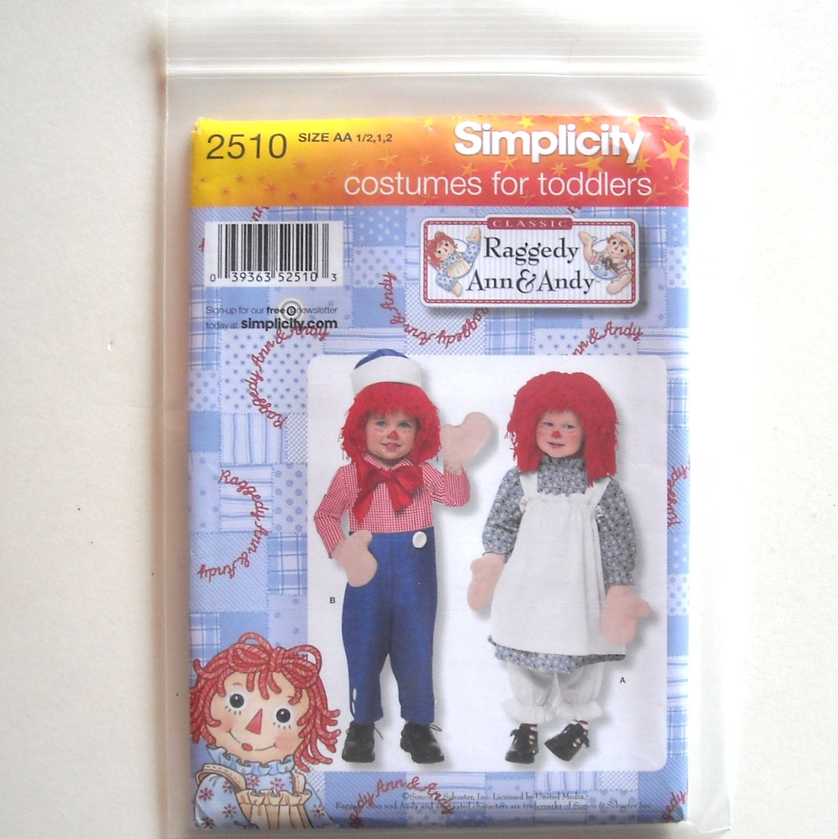 Toddlers Raggedy Ann Andy Costumes Size AA Simplicity Sewing Pattern 2510