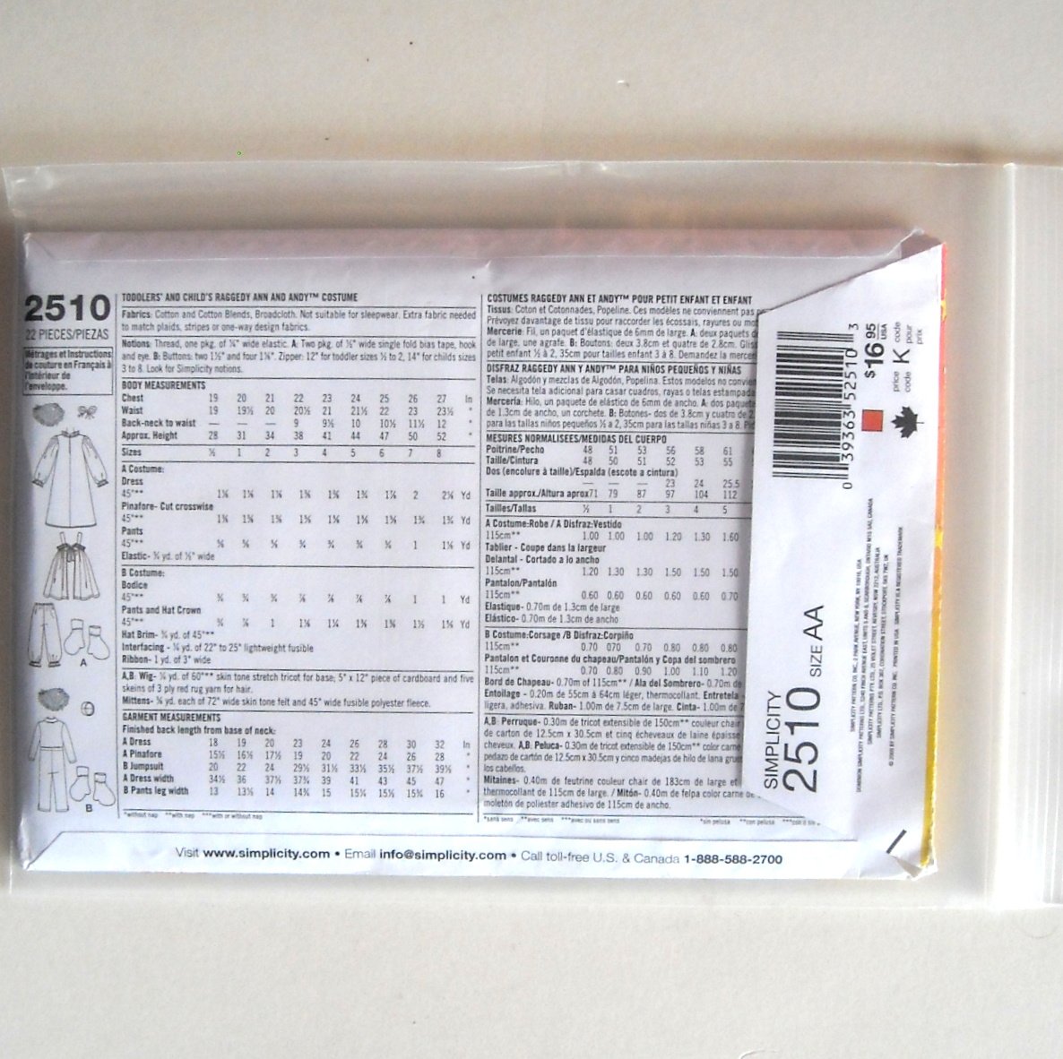 Toddlers Raggedy Ann Andy Costumes Size AA Simplicity Sewing Pattern 2510