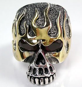 FLAMING SKULL 14K GOLD STERLING SILVER BIKER RING Sz 10