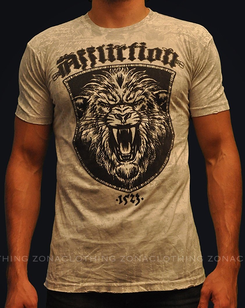 Affliction Shielded Lion Tee M SS T-Shirt White NWT MMA UFC Flocking Design