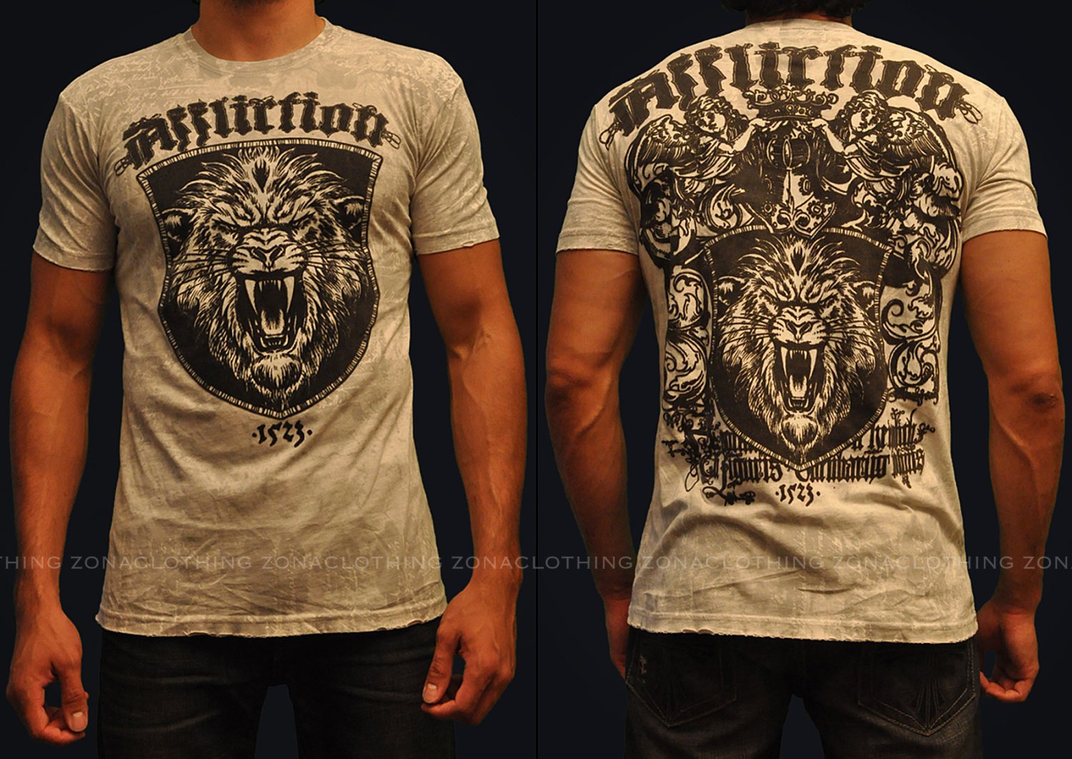 Affliction Shielded Lion Tee M SS T-Shirt White NWT MMA UFC Flocking Design