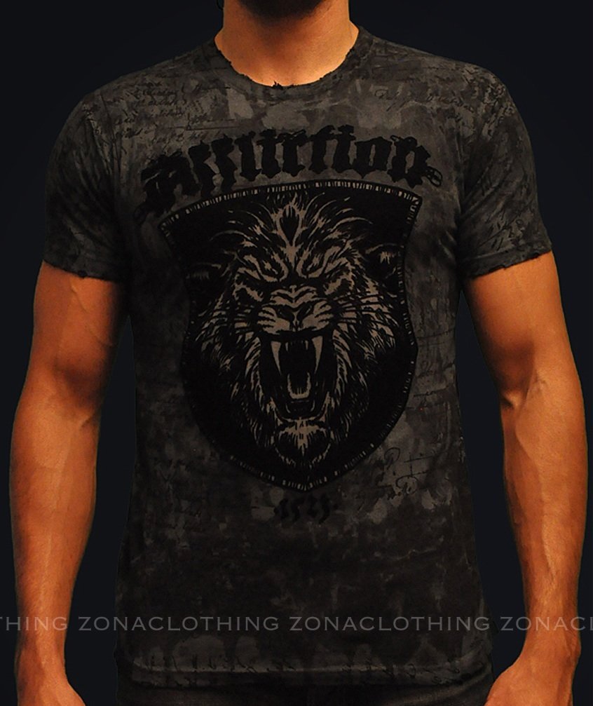 Affliction Shielded Lion Tee M SS T-Shirt Black NWT MMA UFC Flocking Design