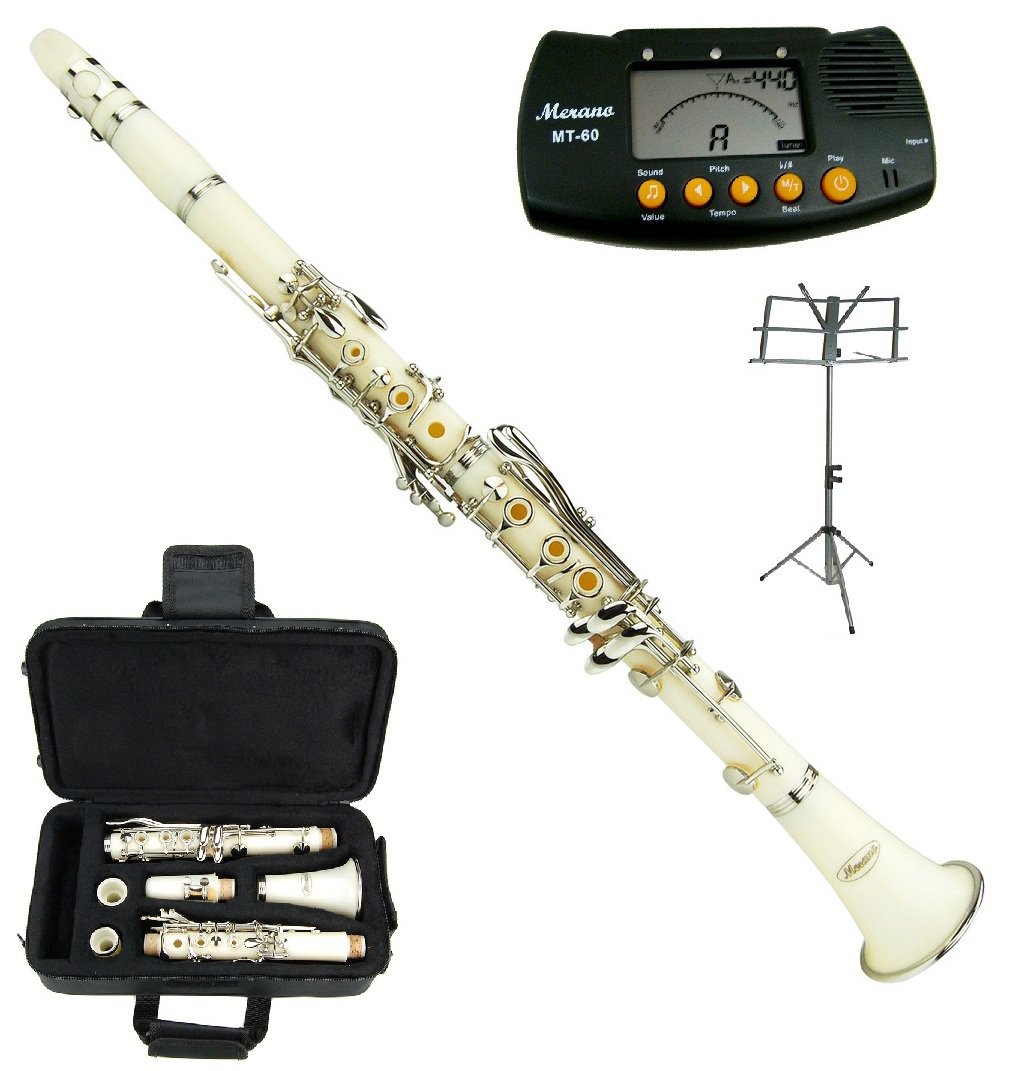 WHITE CLARINET WITH CASE,11 REEDS, METRO TUNER, MUSIC STAND