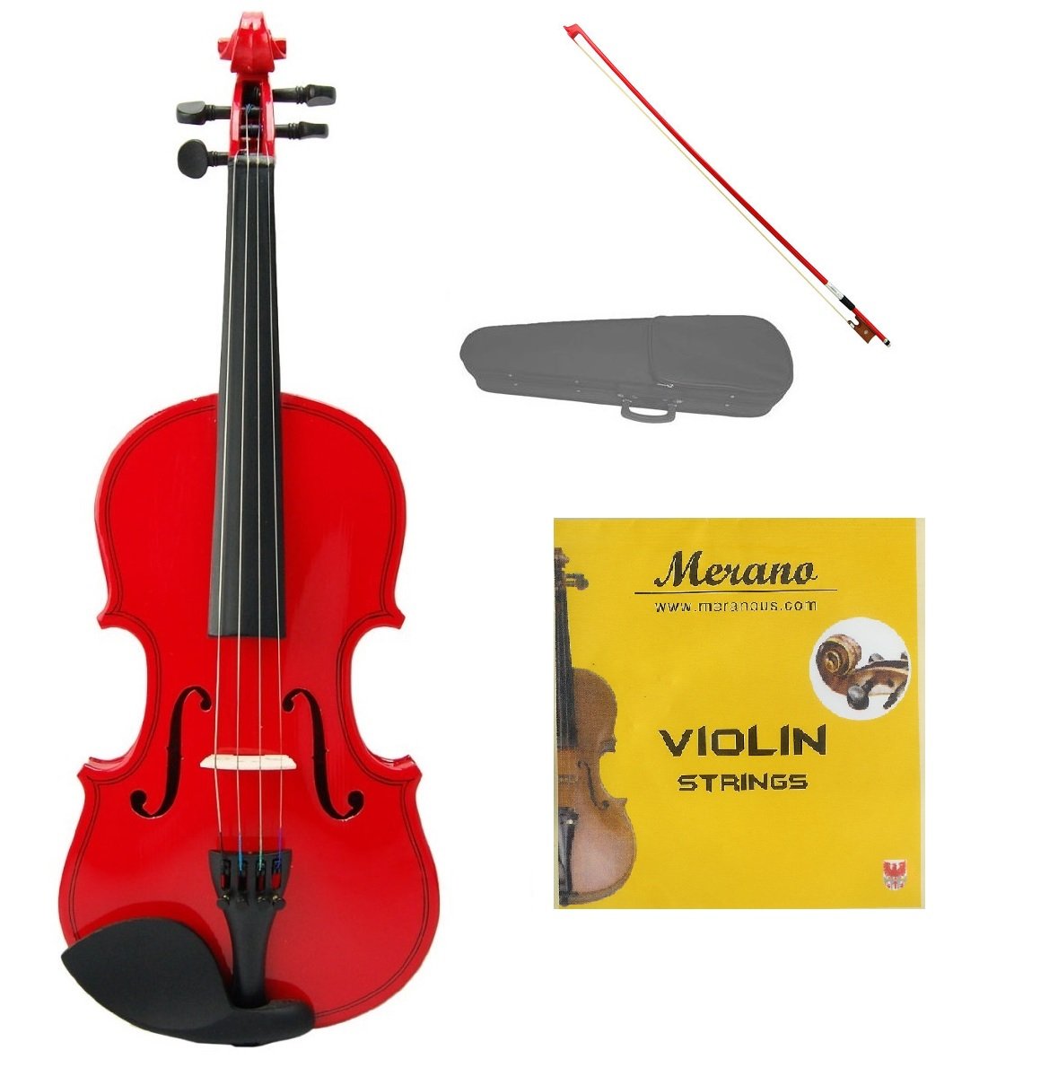 1/16 Size Red Acoustic Violin, Red Bow+Case+Bridge+Rosin+2 Sets of Strings