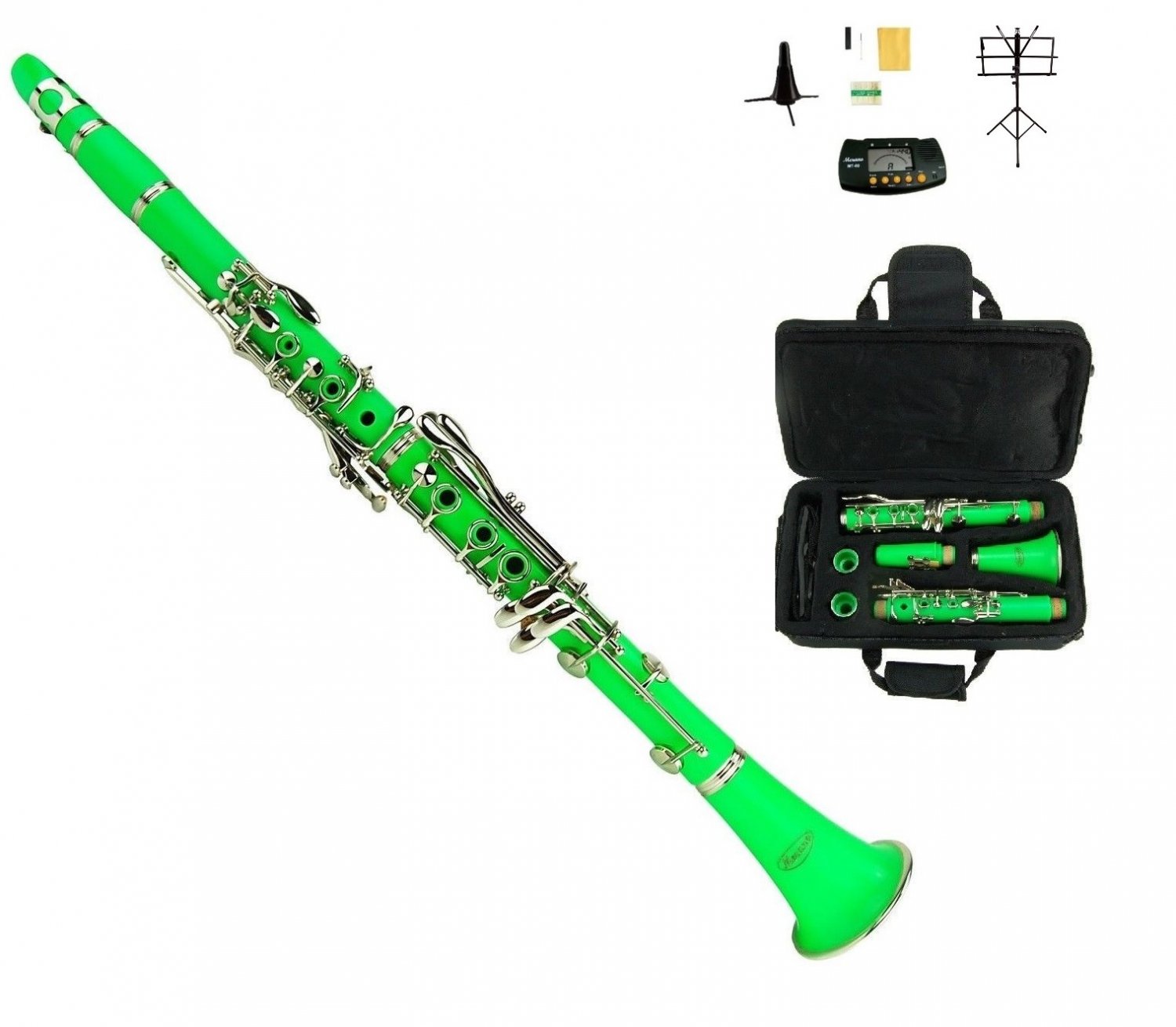 MERANO GREEN CLARINET WITH CASE,11 REEDS, METRO TUNER, 2 STANDS