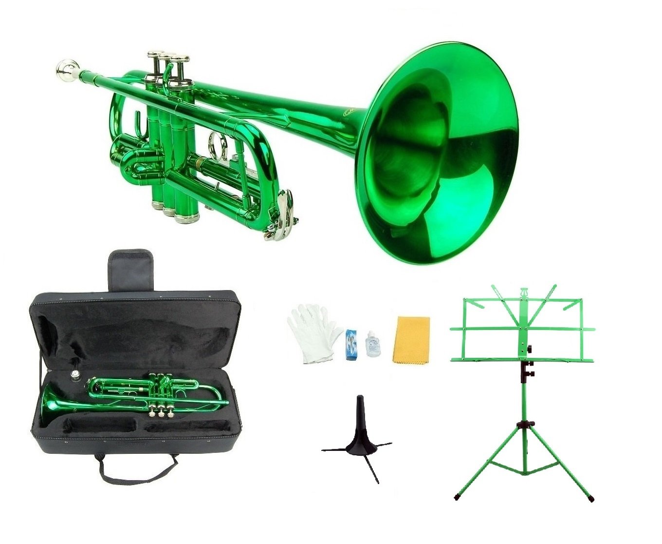 B Flat Green Trumpet,Case+Mouth Piece+Music Stand+Trumpet Stand