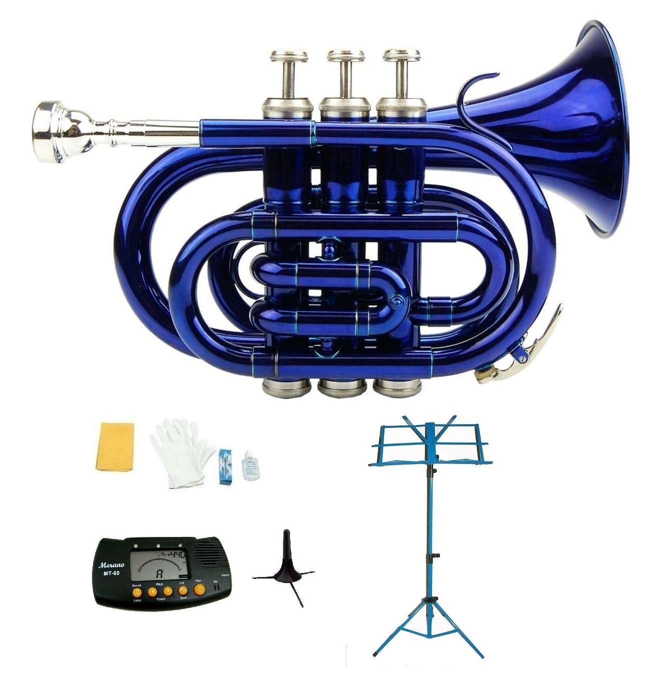 B Flat Blue Brass Pocket Trumpet,Case+Stand+Metro Tuner+Blue Music Stand
