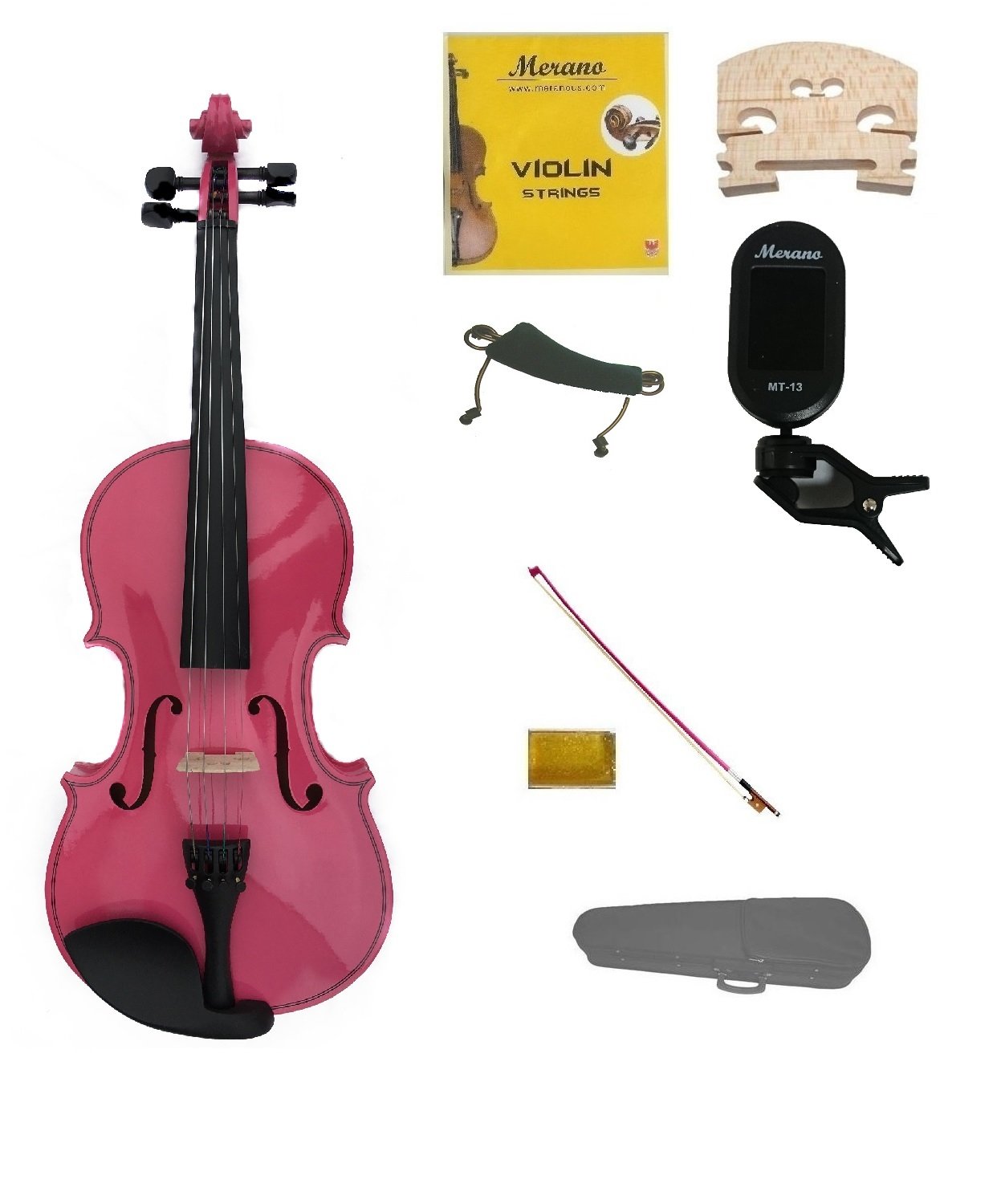 1/2 Size Pink Violin,Case, Bow+Rosin+Strings+2 Bridges+Tuner+Shoulder Rest