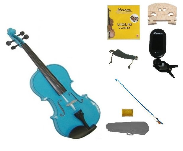 4/4 Size Blue Violin,Case,Bow+Rosin+Strings+2 Bridges+Tuner+Shoulder Rest