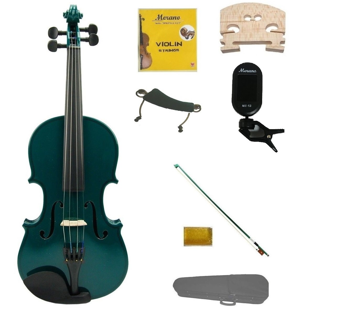 1/2 Size Green Violin,Case,Green Bow+Rosin+Strings+2 Bridges+Tuner ...