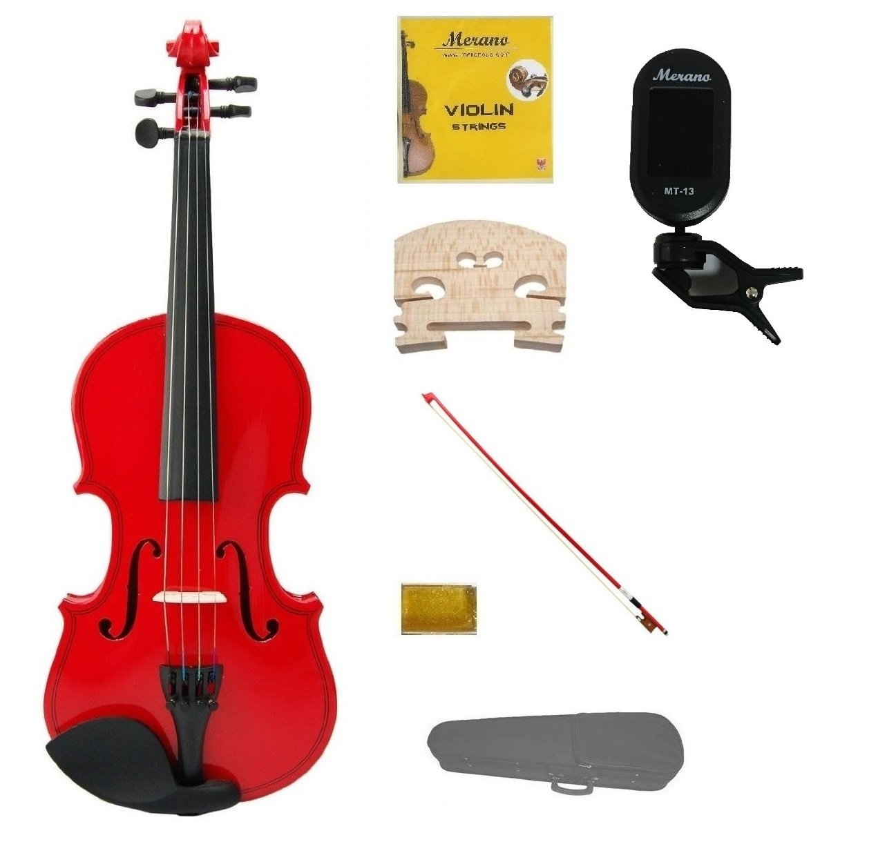 4/4 Size Red Violin,Case, Bow+Rosin+2 Sets Strings+2 Bridges+Tuner