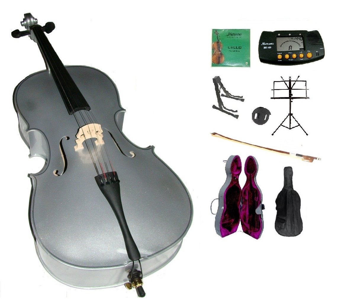 1/4 Size Silver Cello,Hard Case,Soft Bag,Bow,Strings,Metro Tuner,2 ...