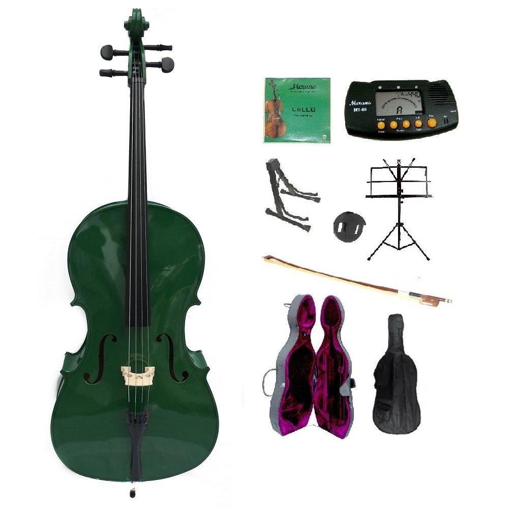 3/4 Size Green Cello,Hard Case,Soft Bag,Bow,Strings,Metro Tuner,2 ...