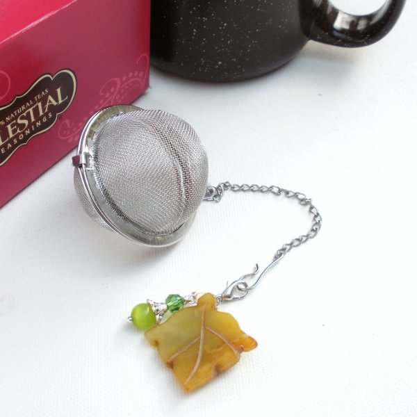 Tea Ball Infuser Strainer Steeper Gemstone Beaded Carved Jade Leaf