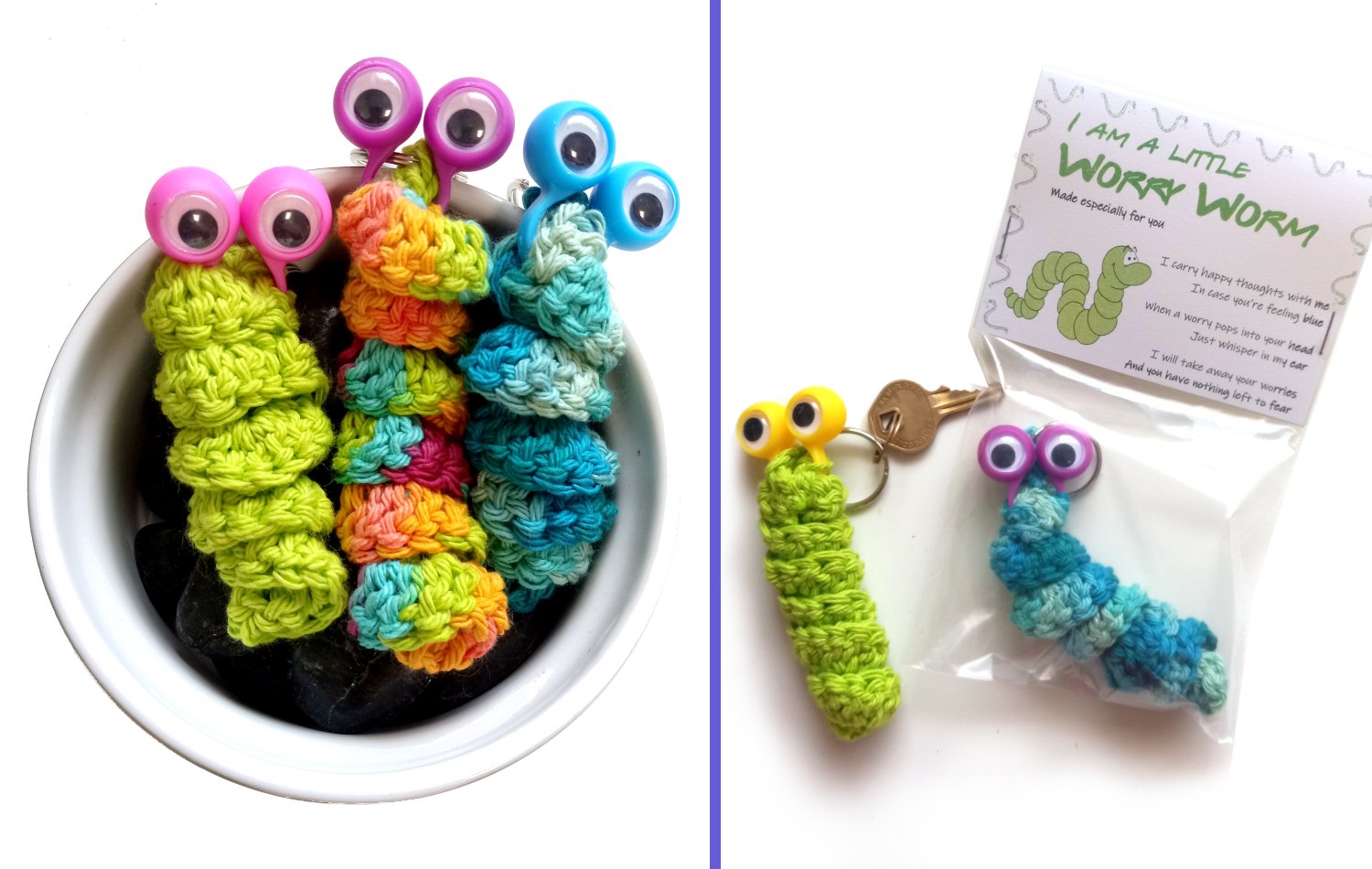 Crochet Worry Worm Anxiety Key Ring Pocket Toy for Stress Relief Googly ...