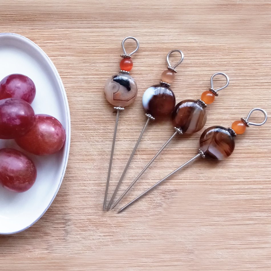 Party Appetizer or Cocktail Picks Brown Botswana Lace Agate Beaded Set of 4
