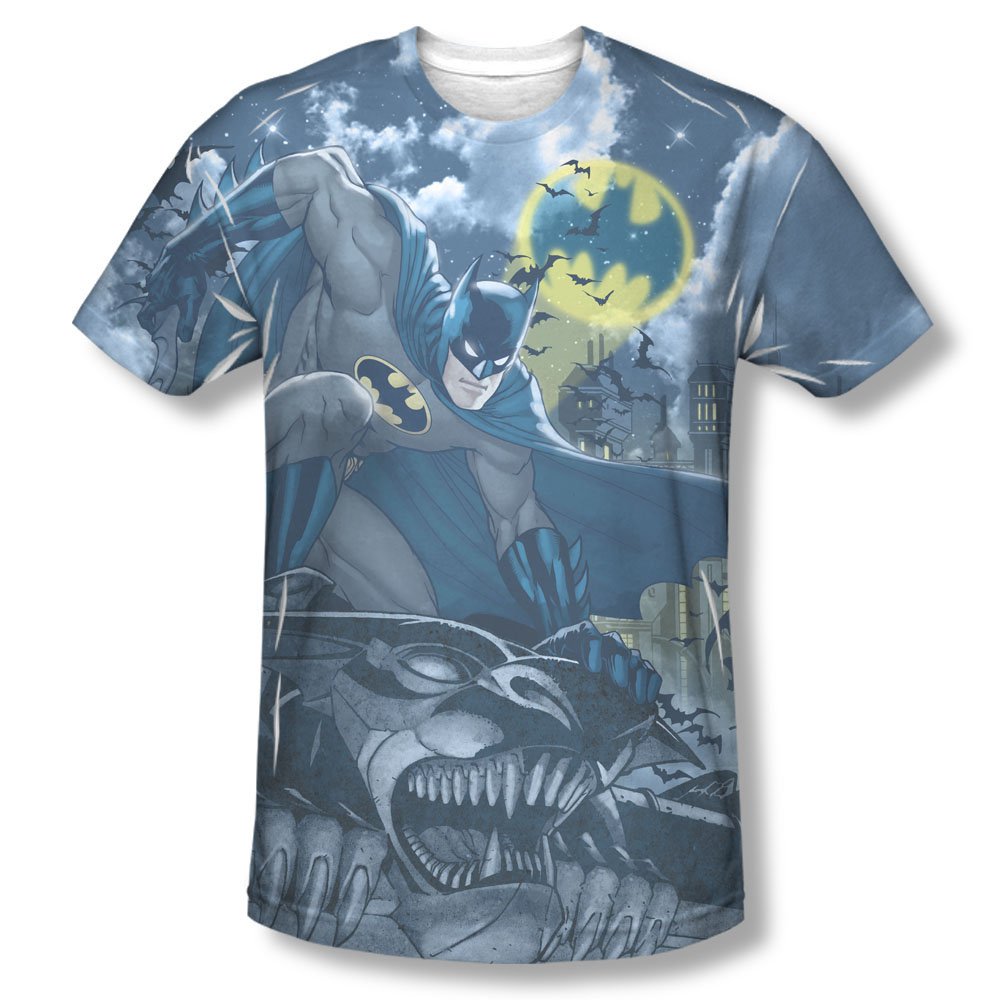 Batman Men's Sublimation Gotham Gargoyle Tee Shirt Blue