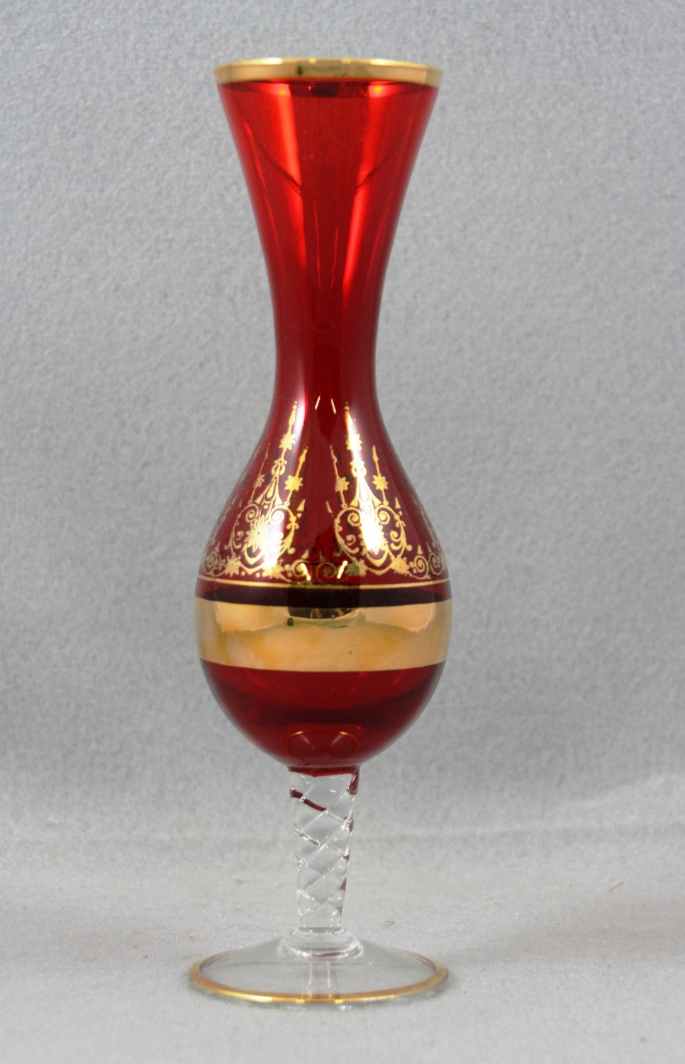 Vintage Venetian Vase Ruby Red to Clear with Gold Trim