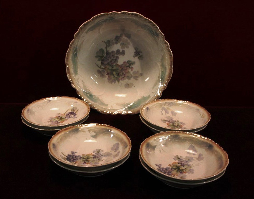 Antique China Bowl Set Grape Motif Nine Piece Set