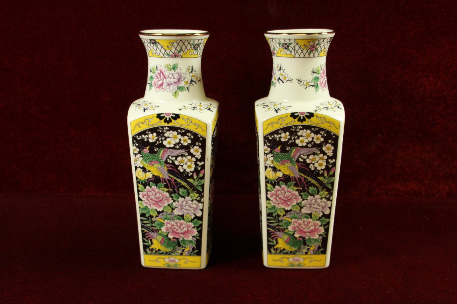 Pair Miyako Vases Birds Floral Designs Japan Colorful