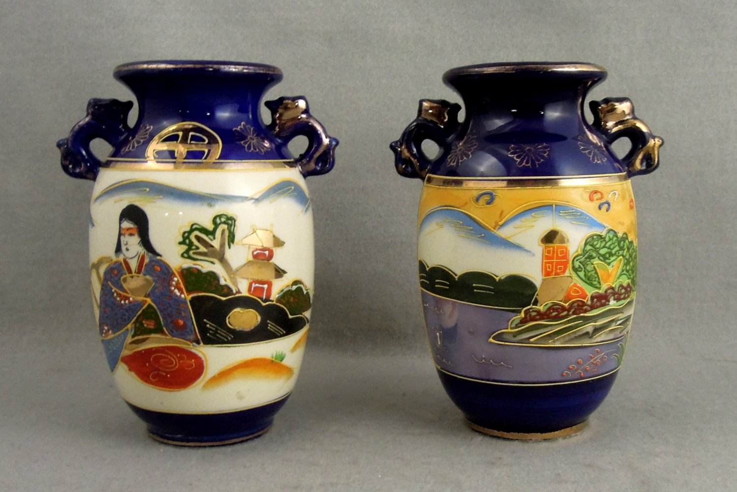 Pair Vintage Satsuma Style Vases Two Handled Japan Cobalt Gold