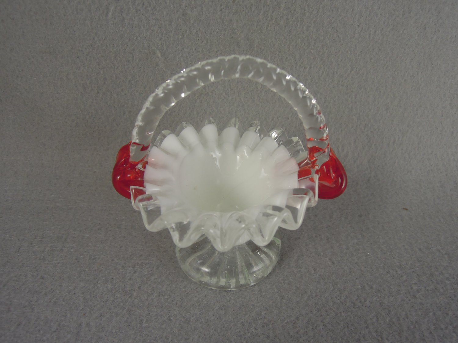Vintage Glass Basket White Red Flower Clear applied Twisted Handle Small