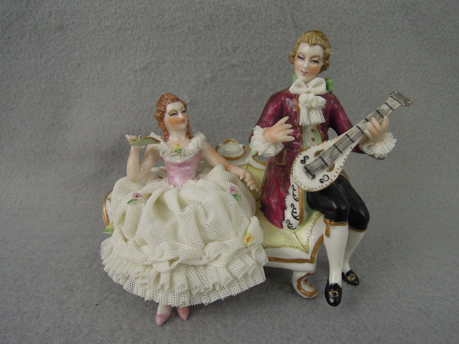 Irish Dresden Lace Figurine Man Serenading Woman Muller -Volkstedt