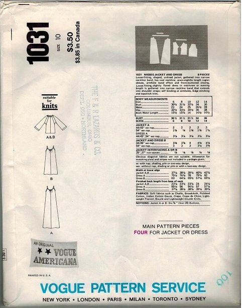 Vogue 1031 Vintage 70s "Vogue Americana" Carol Horn Designer JACKET ...