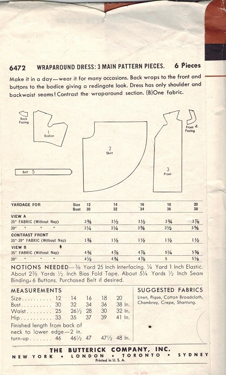 Butterick 6472 50s Wrap Around Walk Away DRESS Vintage Sewing Pattern ...