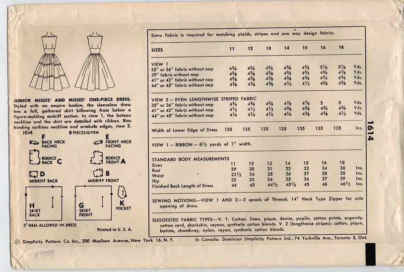 Simplicity 1614 50s Bateau Neckline DRESS Full SKIRT & EMPIRE midriff ...