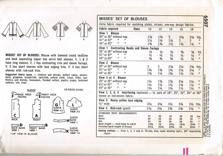 Simplicity 6507 60s Retro BLOUSE SET Vintage Sewing Pattern