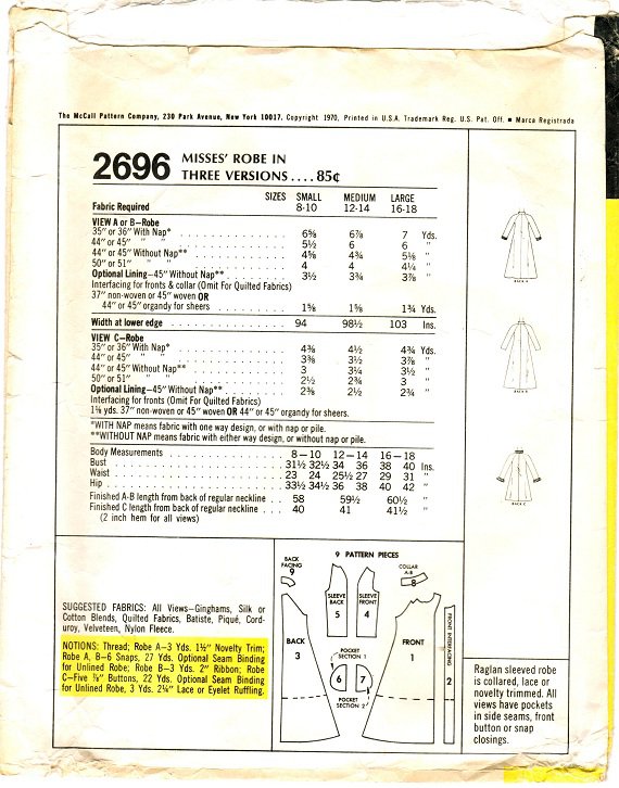 McCall's 2696 Vintage 70s ROBE in three versions Sewing Pattern