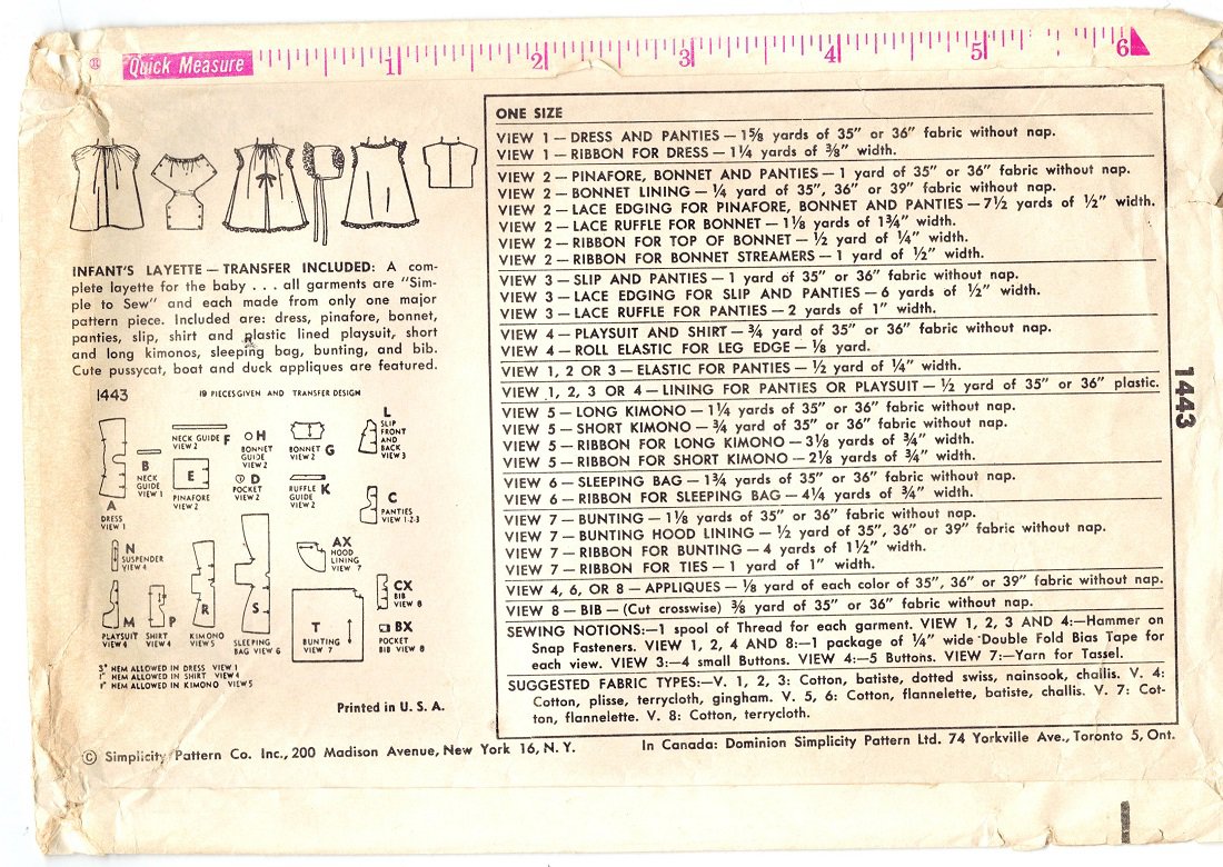 SImplicity 1443 Vintage 50s Baby Infant Newborn Layette Sewing Pattern ...