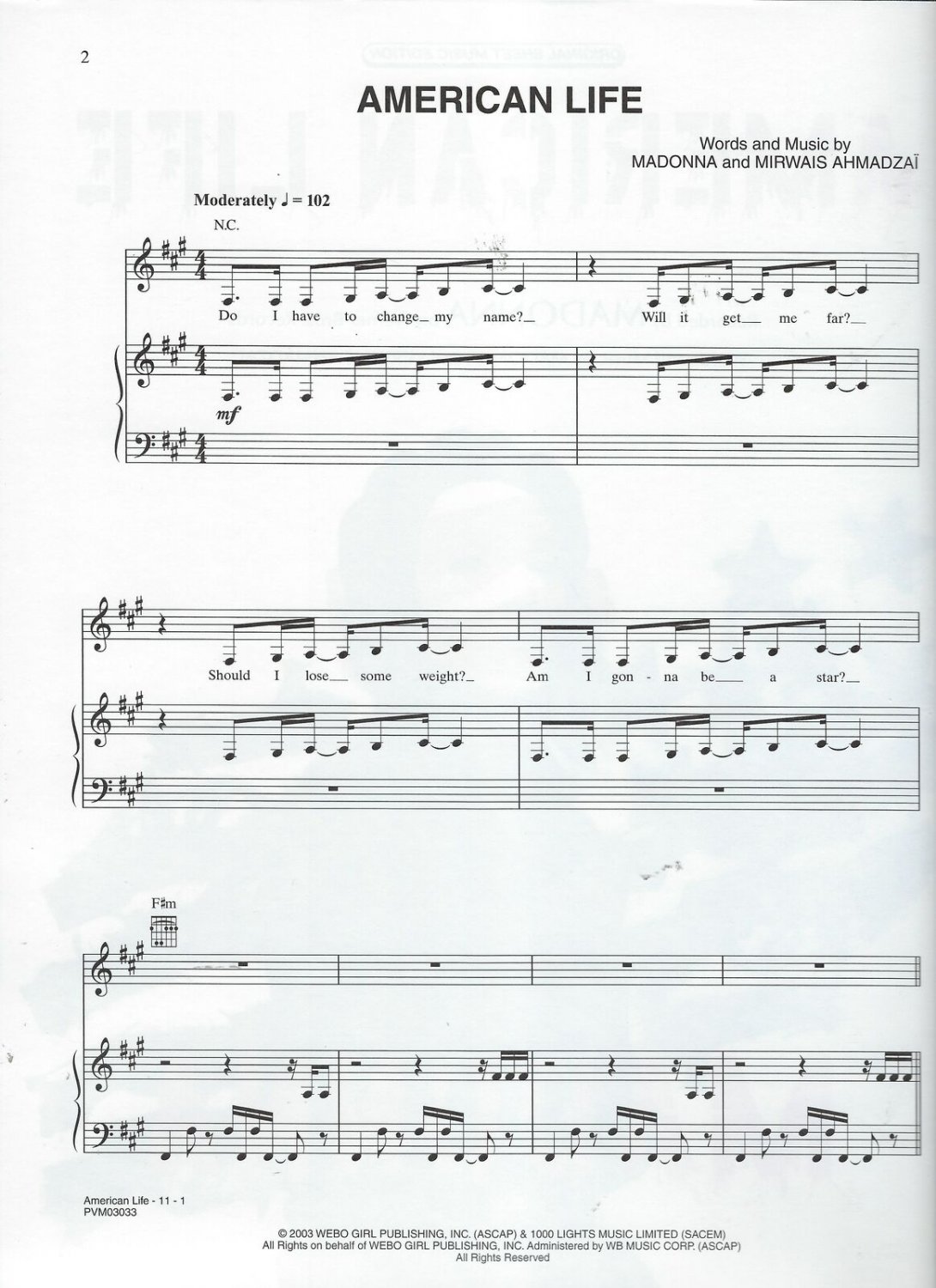 Madonna American Life Sheet Music