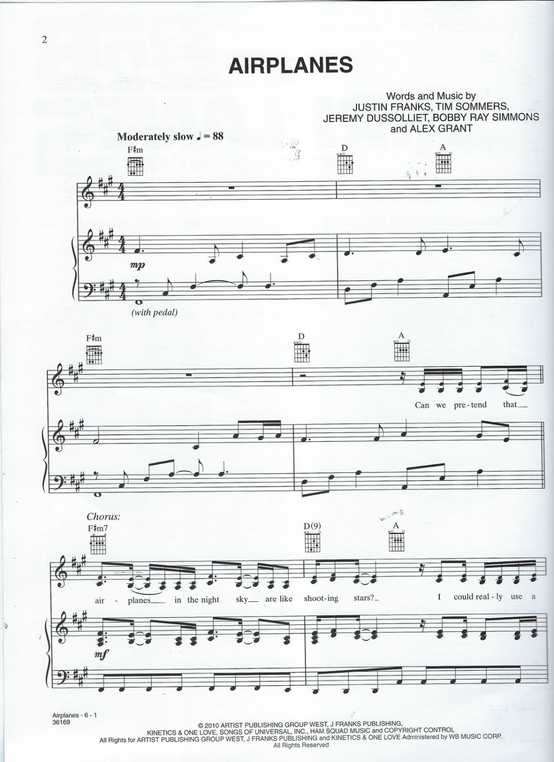 B.o.B., Hayley Williams Airplanes Sheet Music