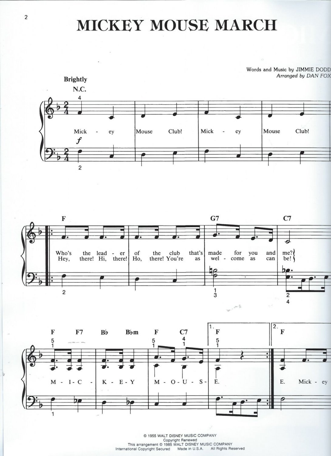 Mickey Mouse March Easy Piano Sheet Music