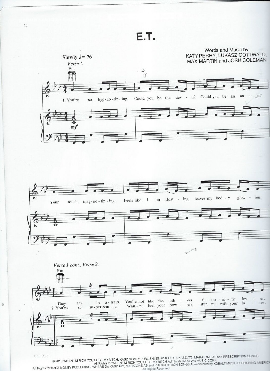 Katy Perry E.T. Original Sheet Music