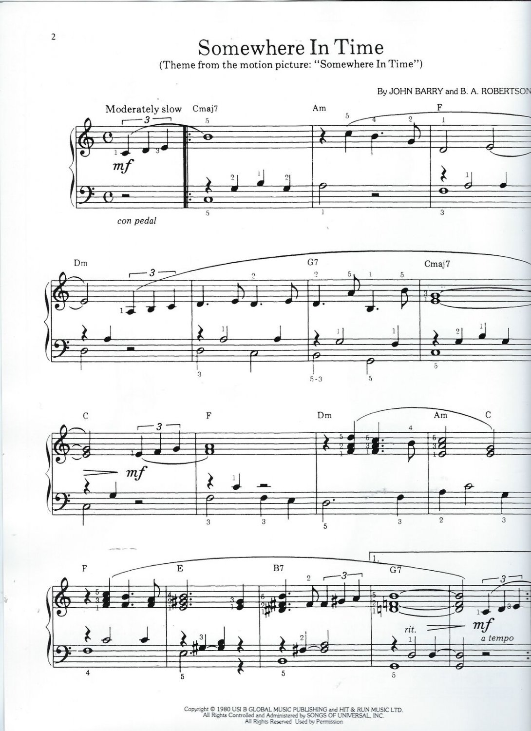 Somewhere in Time Easy Piano Sheet Music