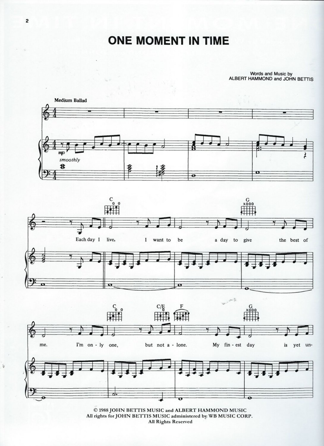 Whitney Houston One Moment in Time Sheet Music