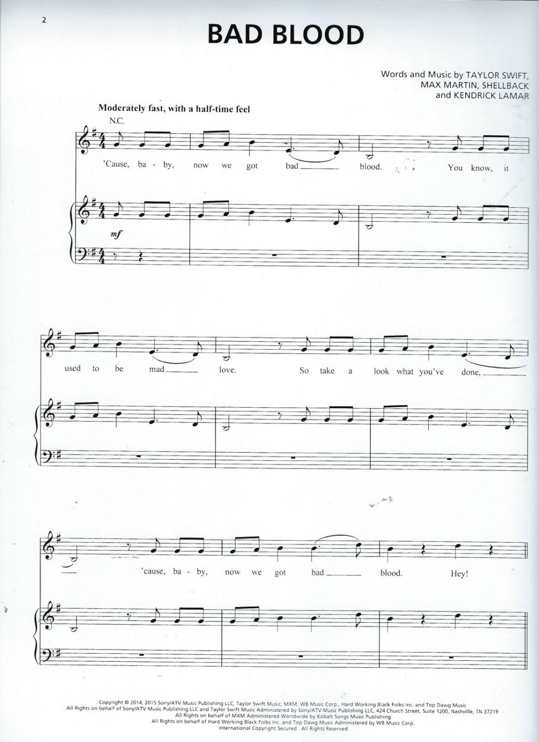 Taylor Swift Bad Blood Sheet Music