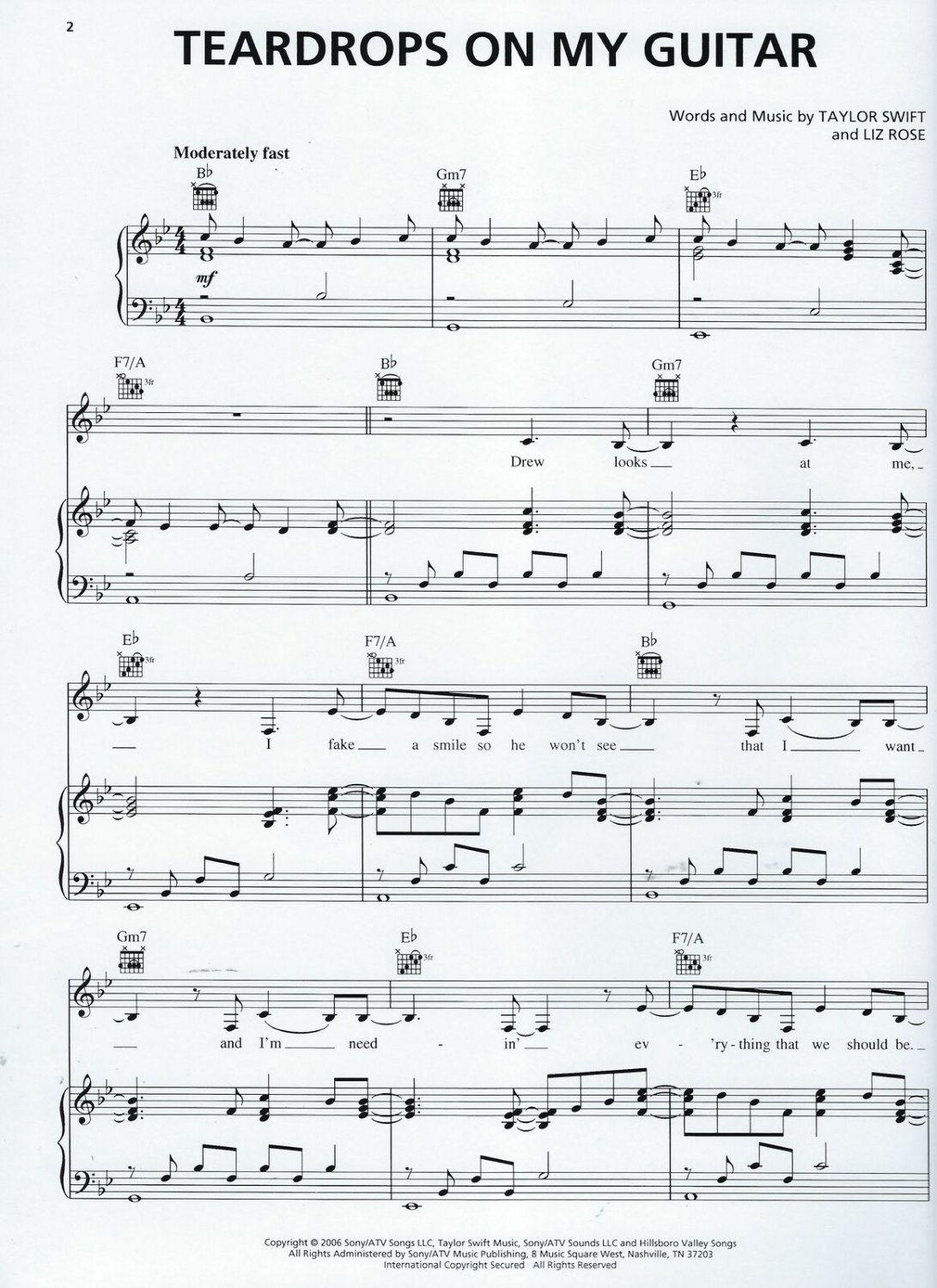 Taylor Swift Teardrops on My Guitar Sheet Music