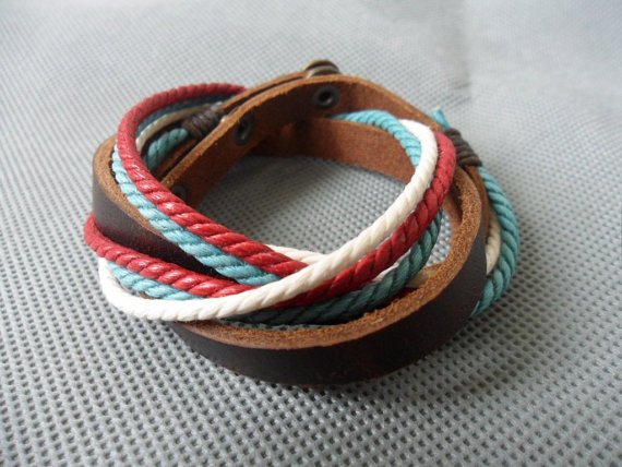 Real Leather and Multicolour Cotton Rope cuff Bracelets Adjustable 14S