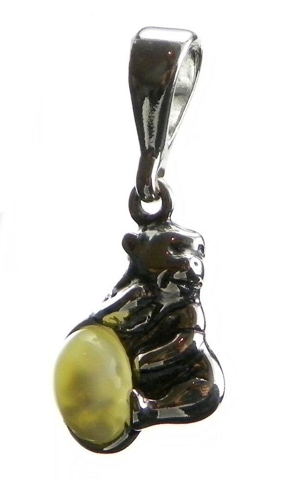 CLOUDY BALTIC AMBER BEAR PENDANT - STERLING SILVER