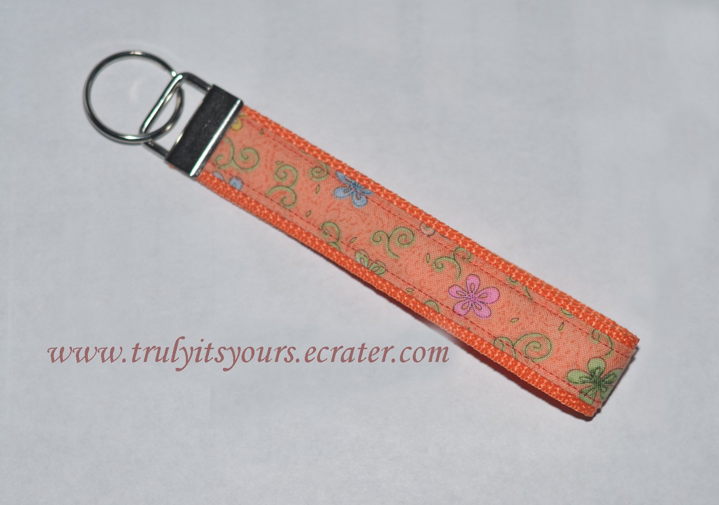Orange Flowered Wrist Key Fob Key Ring