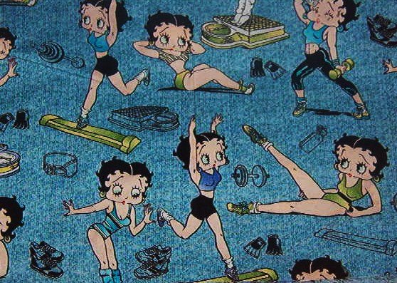 Betty Boop Exercise Various Poses Blue Background Cotton Fabric 19"L x 45"W