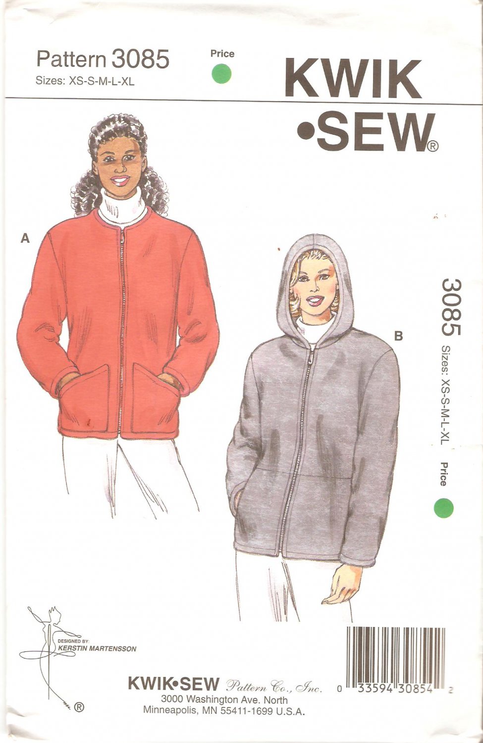 Kwik Sew 3085 Zipper Front Jacket Pockets Hood Pattern Size XS S M L XL ...